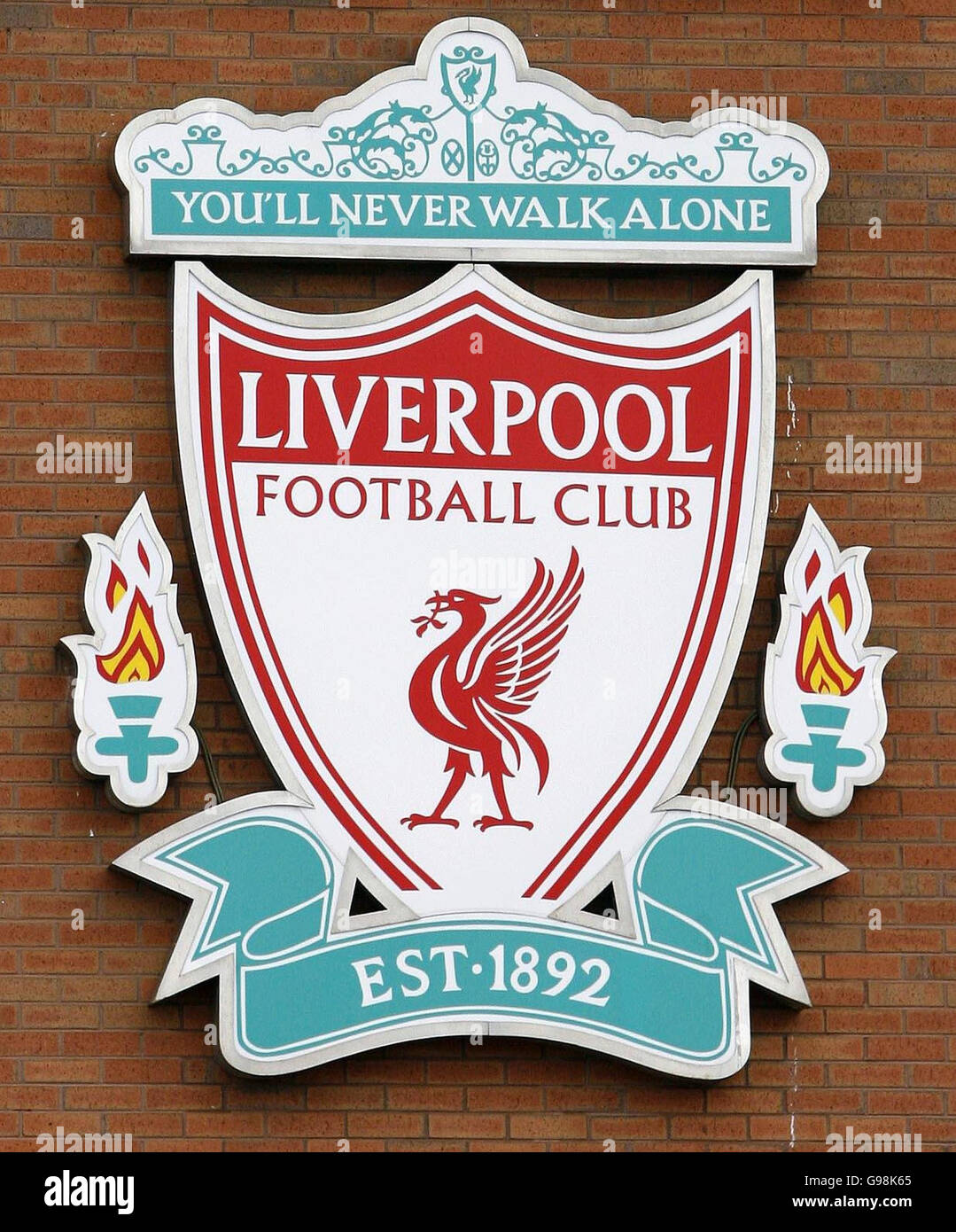 The Liverpool Football Club crest on the wall of Anfield Stadium ...