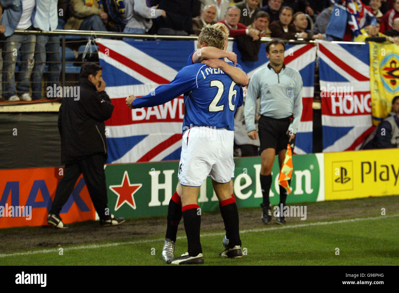 Rangers' Peter Lovenkrands celebrates scoring with his team mates Stock ...