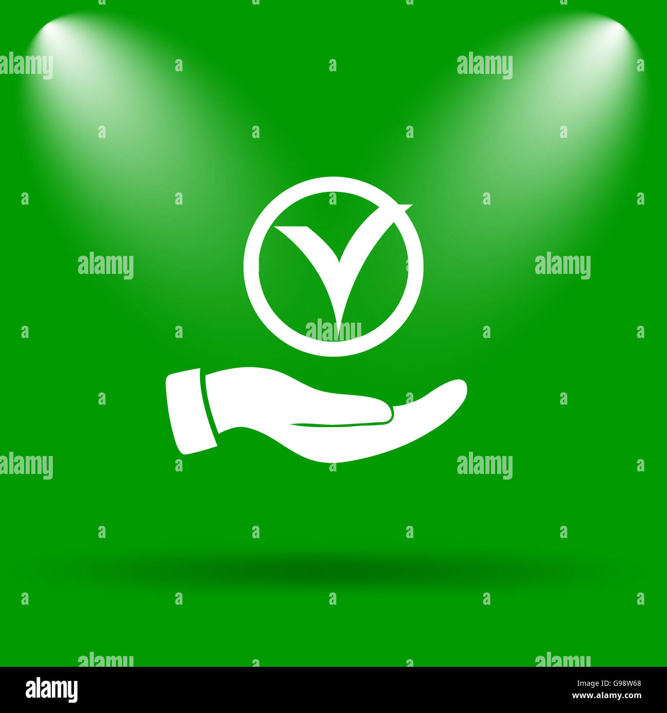 Tick with hand icon. Internet button on green background Stock Photo ...