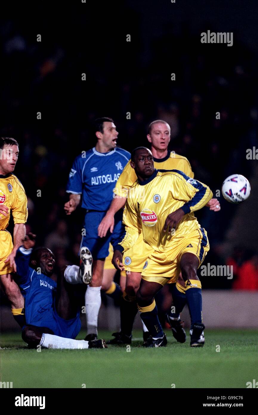 Chelsea's George Weah (on floor) hits the deck, surrounded by Leicester ...