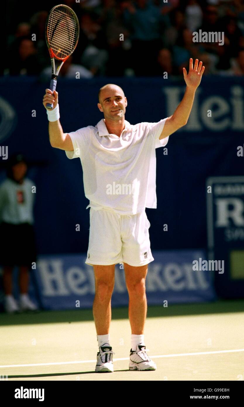 Andre Agassi raises his hands in the air after winning the Australian ...