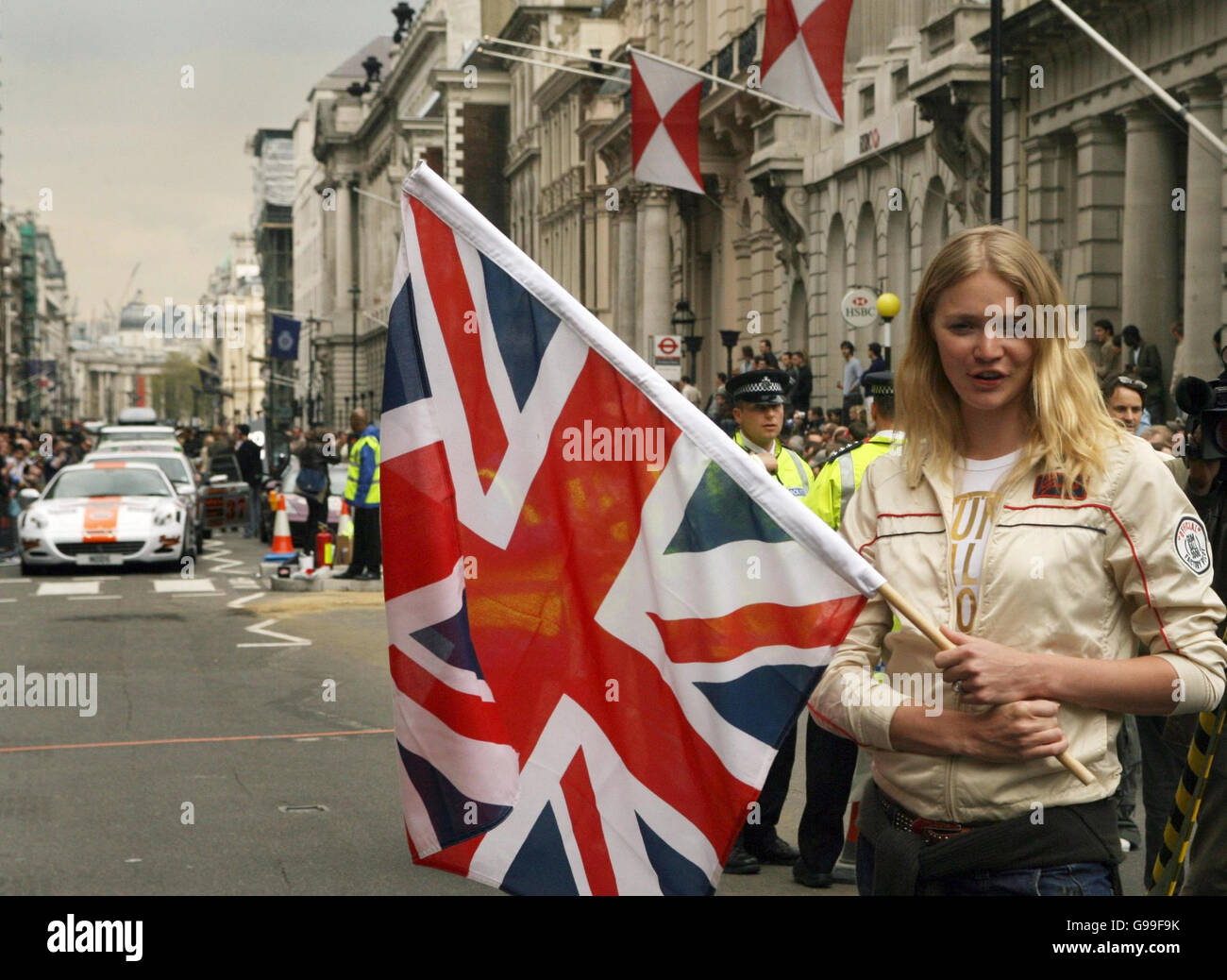 Jodie Kidd waves the start flag of the car rally Gumball 3000 at Pall ...