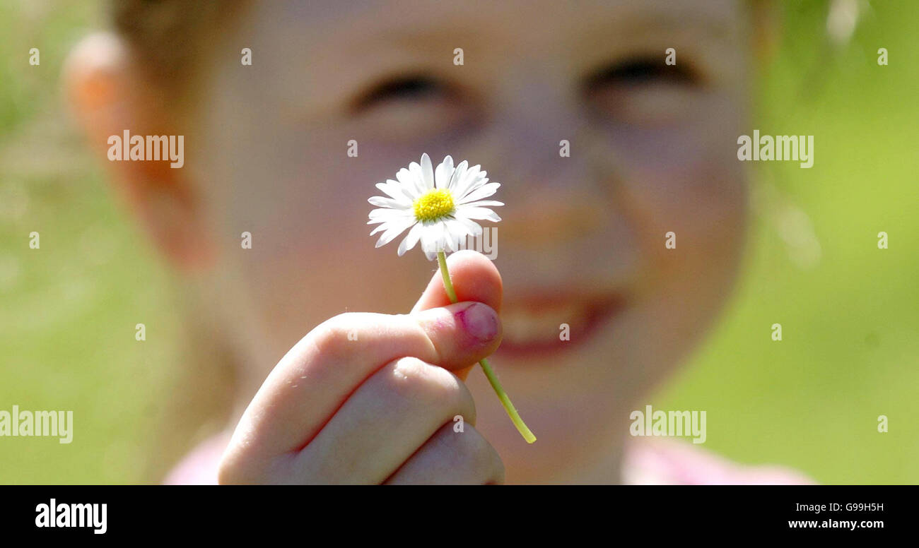 Chloe Dempsey, 4, enjoys playing with a daisy during the hot weather in ...
