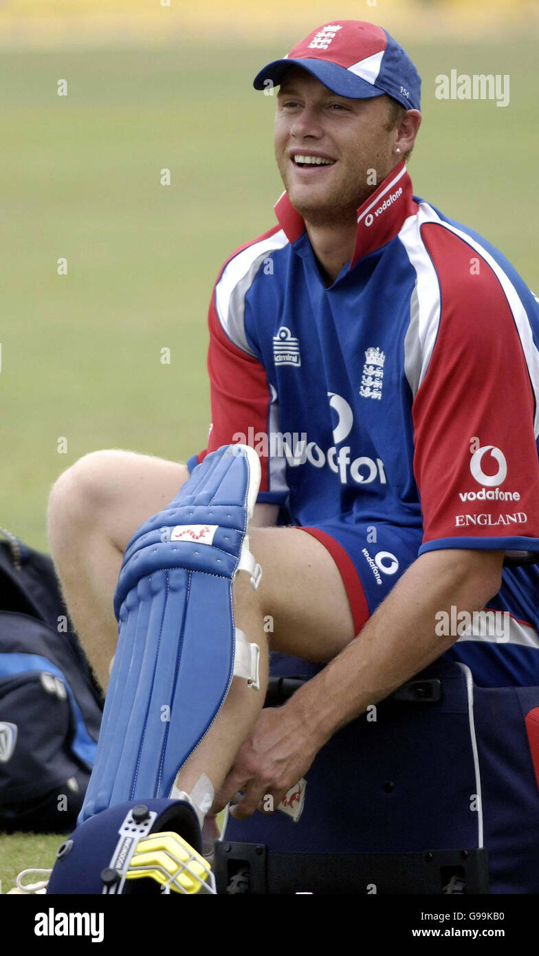 England captain Andrew Flintoff prepares to bat during a nets practice ...