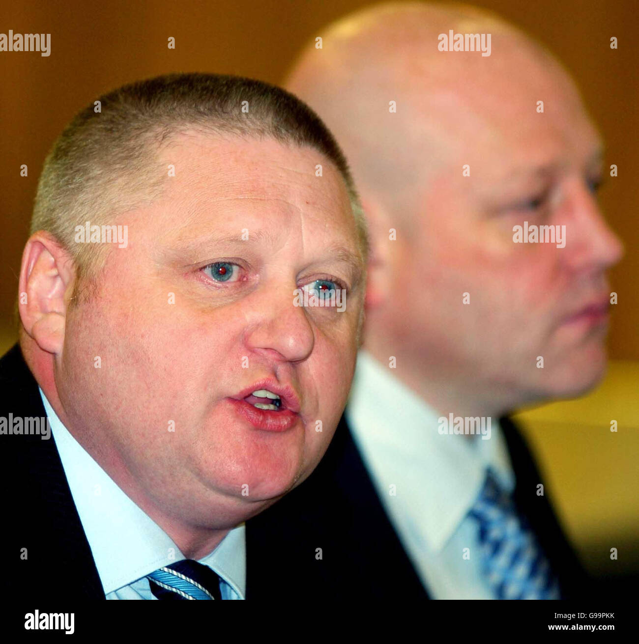 Amicus national officer Roger Maddison (L) speaks during a news ...