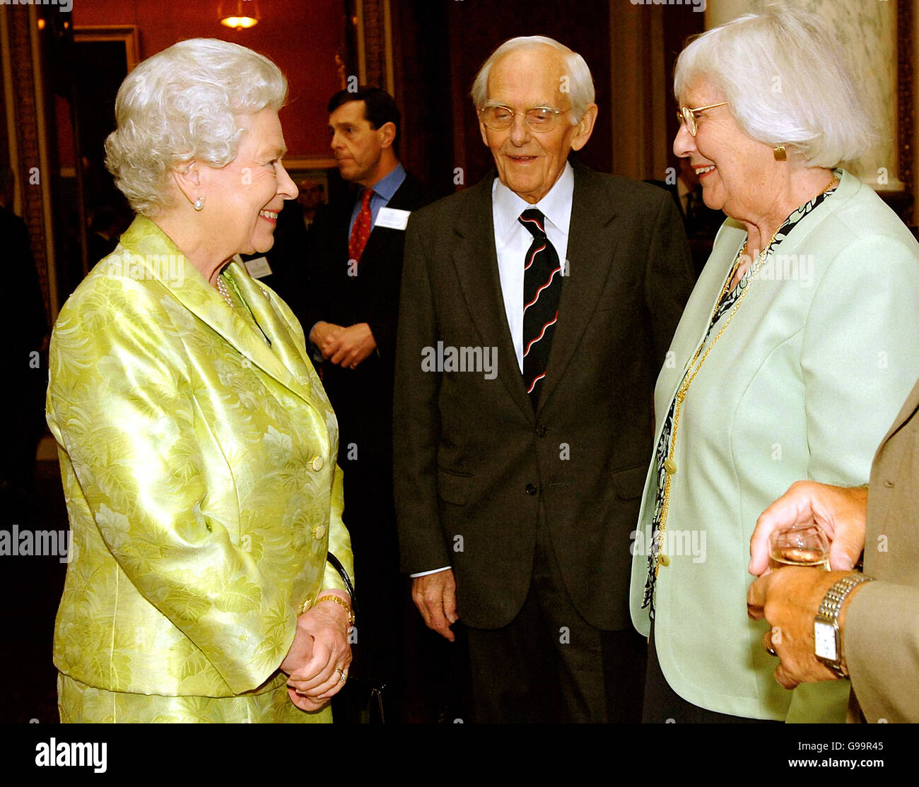 Britain's Queen Elizabeth II chats with Diana Davis from Sidmouth ...