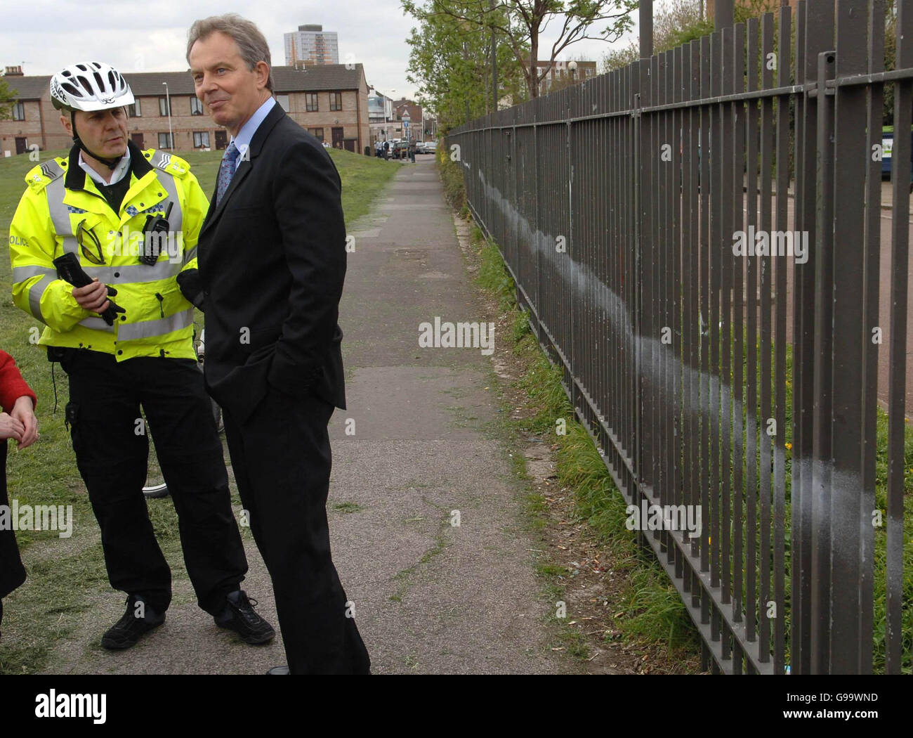 Britain's Prime Minister Tony Blair chats to local police officers as ...