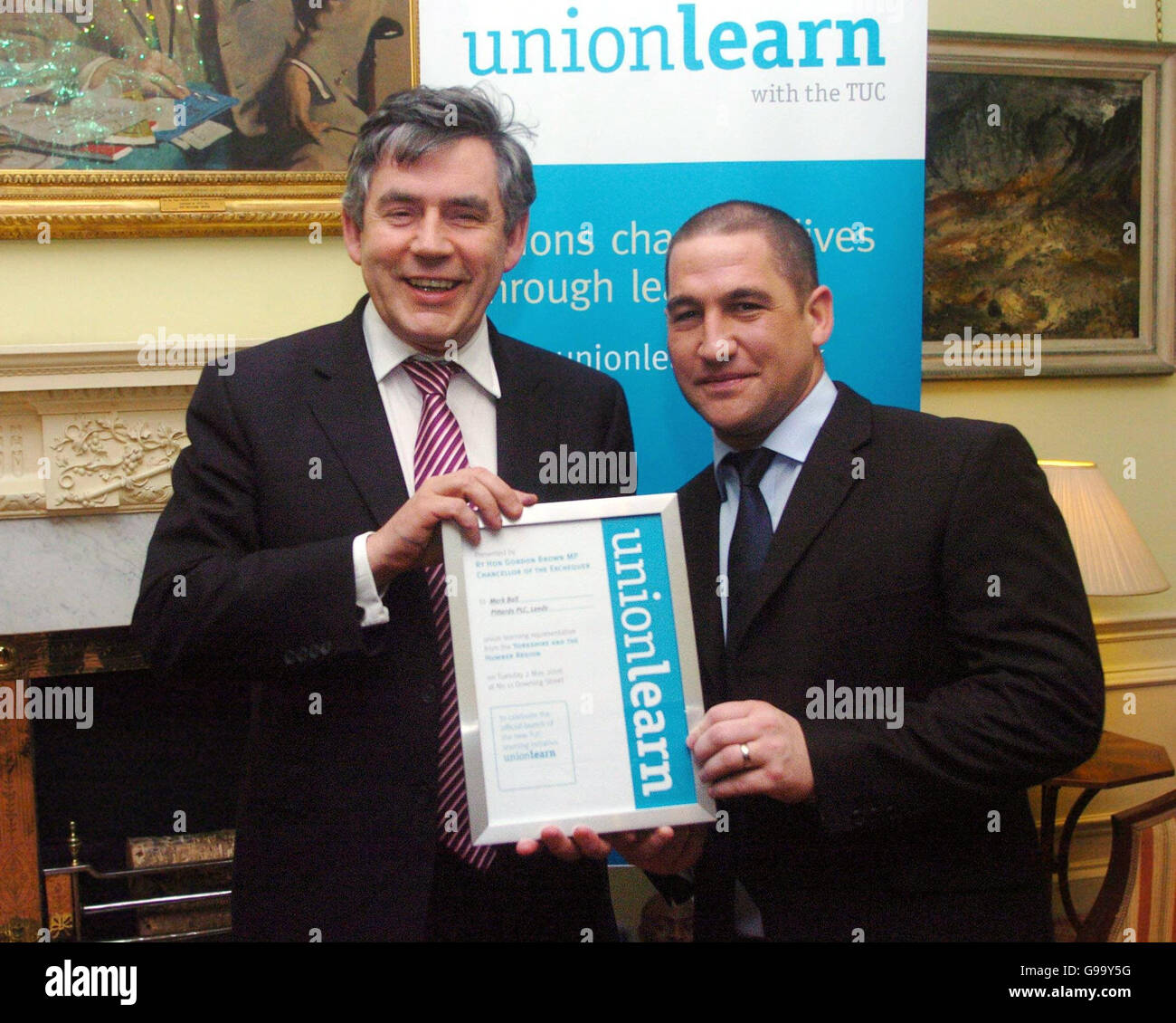 Chancellor exchequer gordon brown awards certificate unionlearn representative mark ball hi-res ...