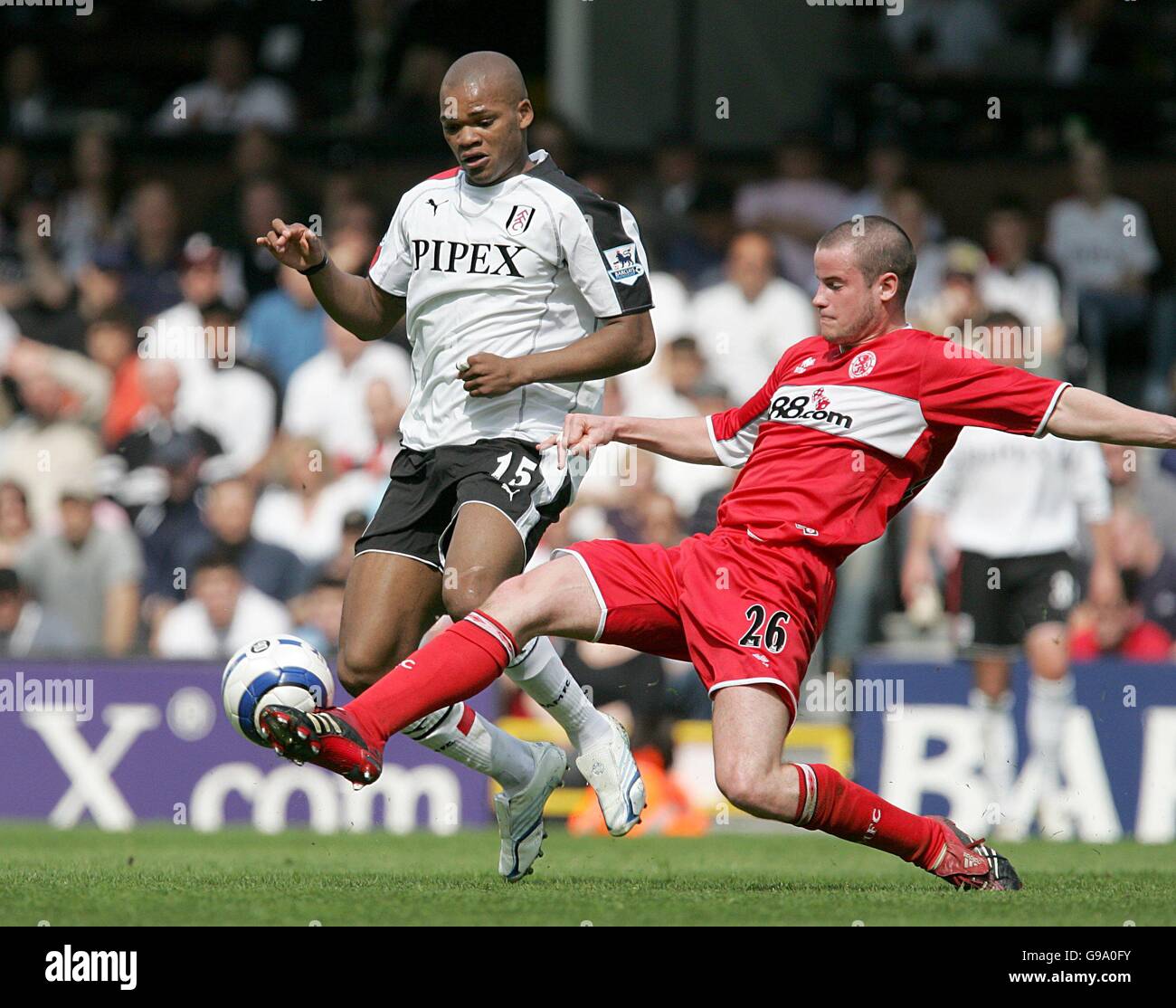 Middlesbrough's Matthew Bates (r) tackles Fulham's Collins John Stock ...