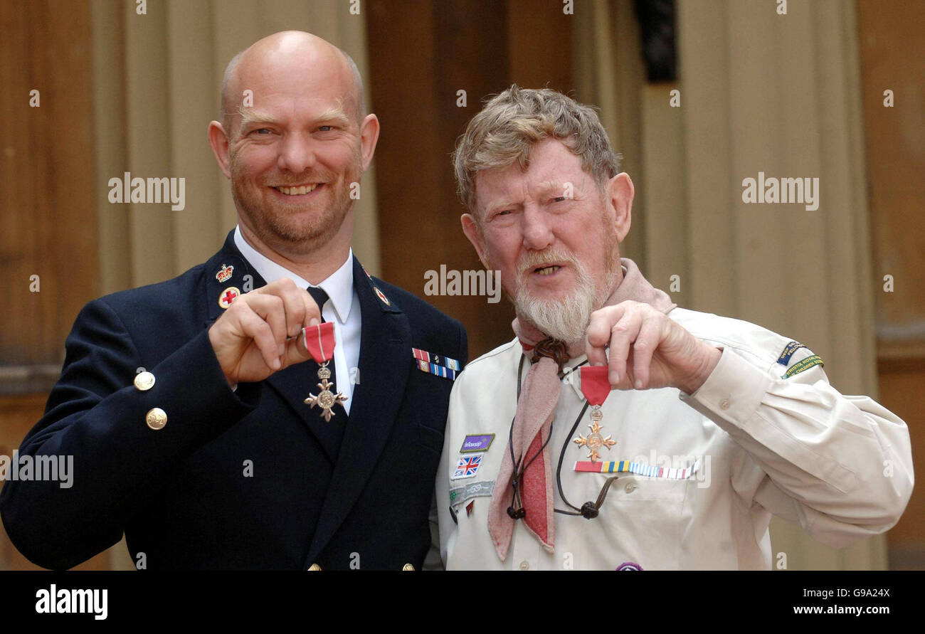 Peter Shore (right) and his son Kevin with their MBEs at Buckingham ...