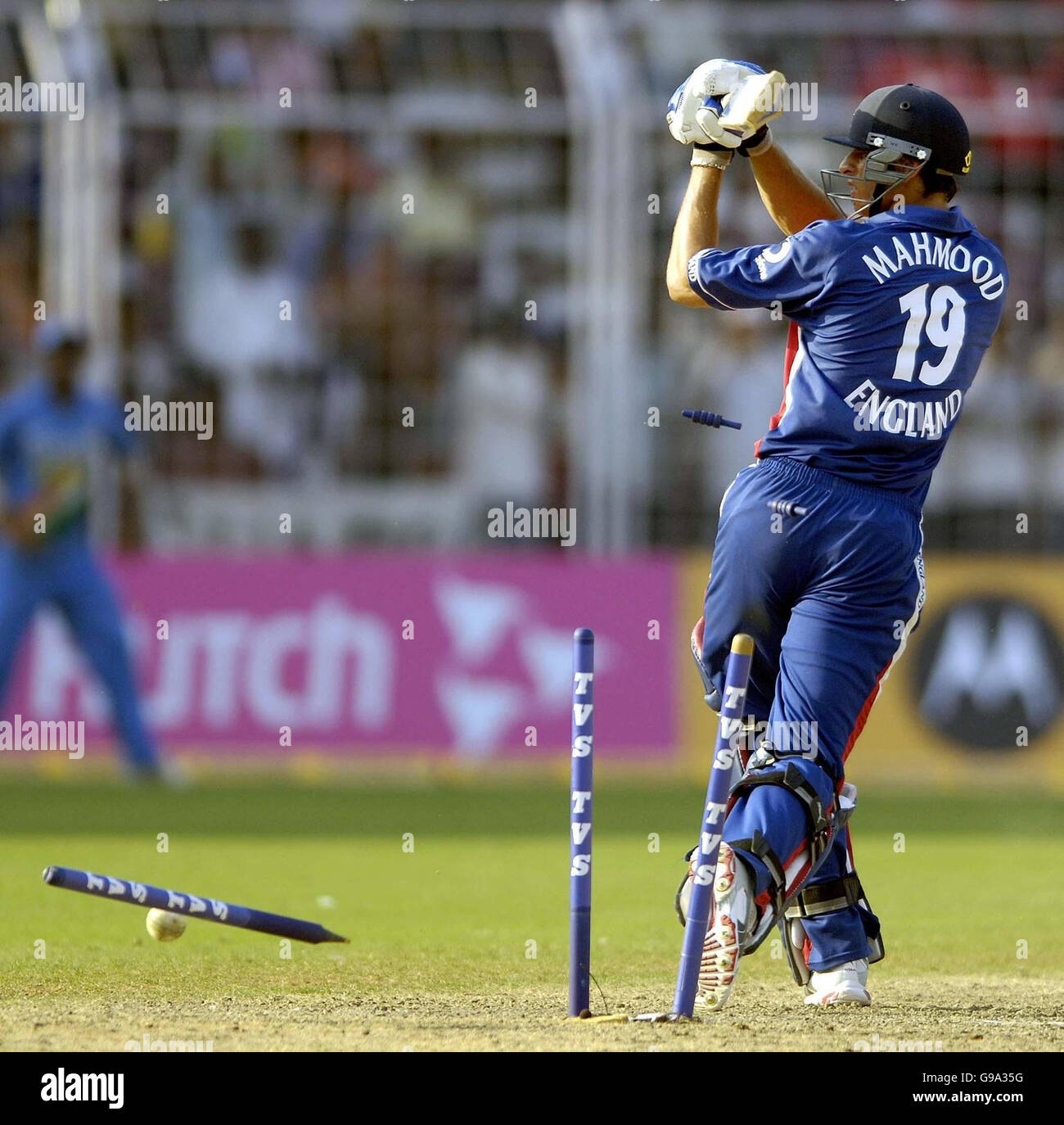 England batsman Sajid Mahmood is bowled by India's Ajit Agarkar during ...