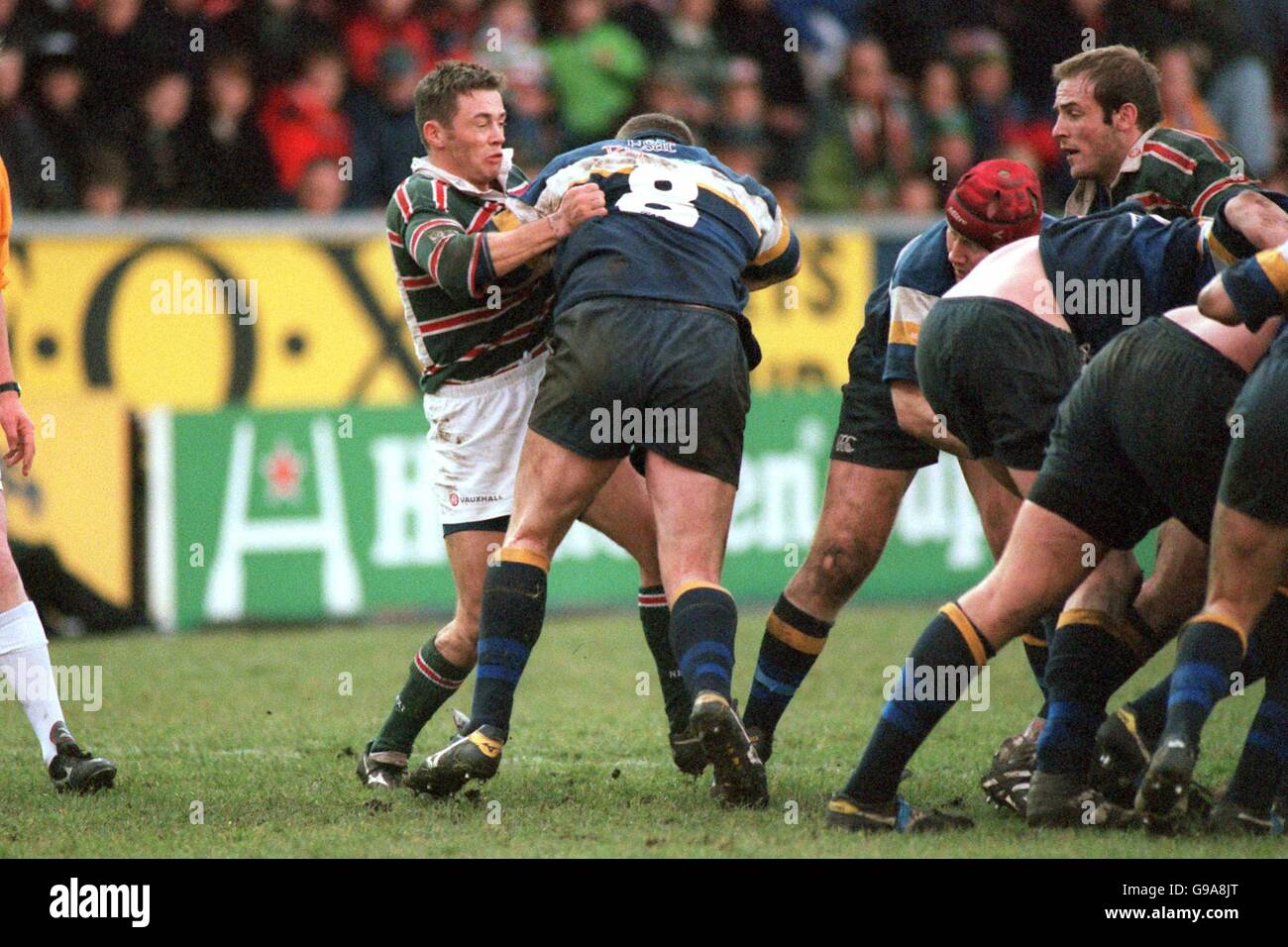 (L-R) Leicester's Jamie Hamilton tackles Leinster's Victor Costello ...