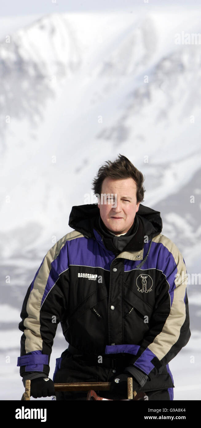 Leader of the Conservative Party David Cameron driving a Dog-sled on ...