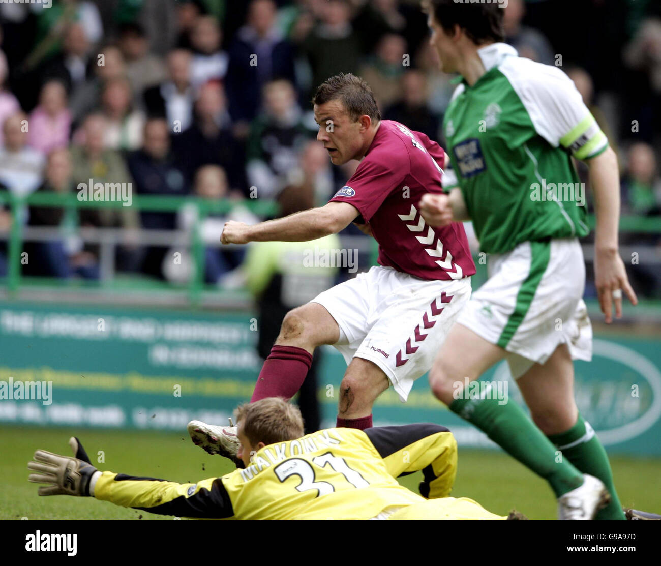 Hearts' Roman Bedner (C) scores against Hibernian during the Bank of ...