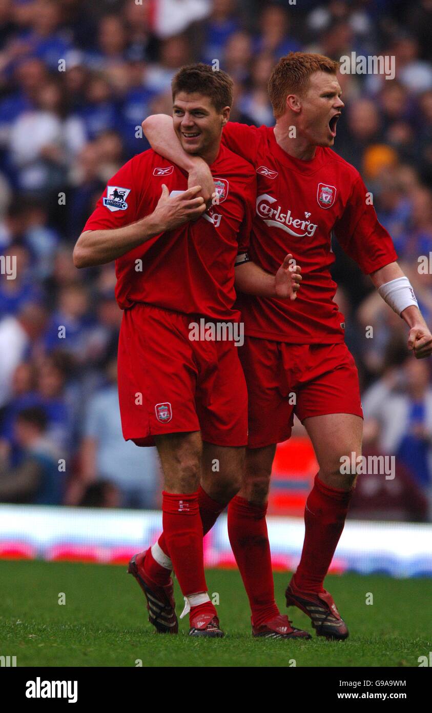 Liverpool's Steven Gerrard celebrates at the final whistle with Peter ...