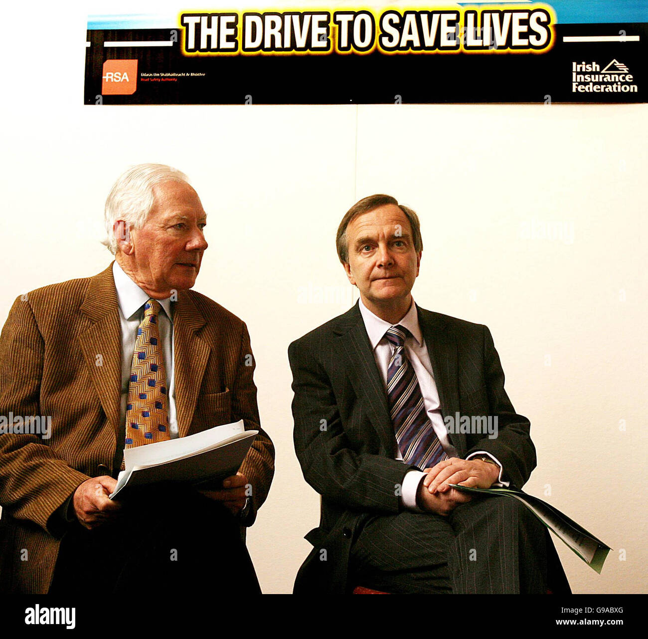 Irish celebrity Gay Byrne (left) and transport minister Martin Cullen ...