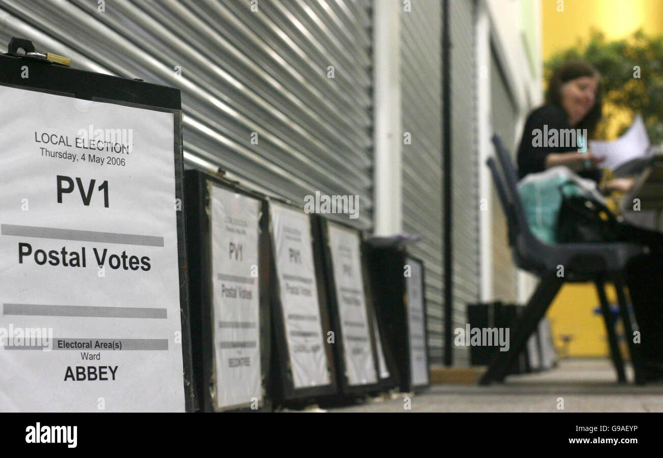 Postal vote ballot boxes await counting at the Barking and Dagenham ...