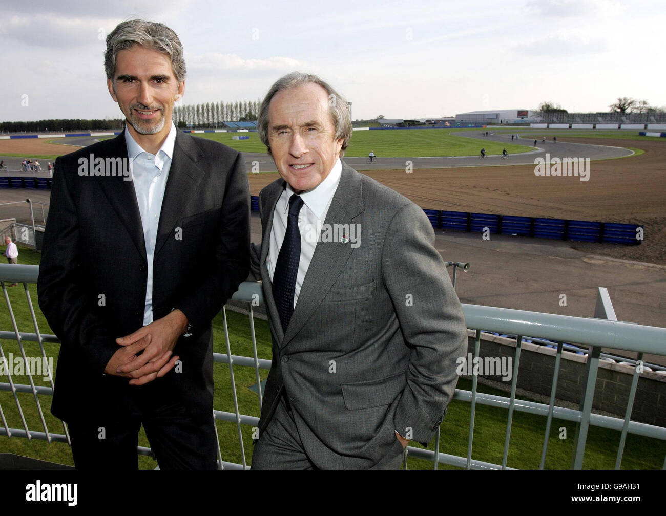 Former world champion Damon Hill (L) and Sir Jackie Stewart during a ...