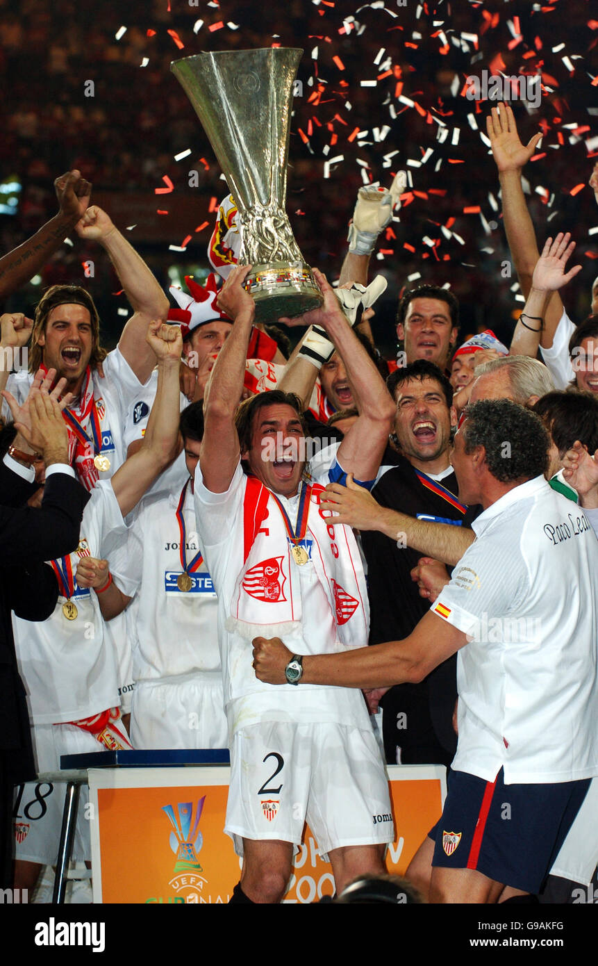 Seville javi navarro lifts the trophy in celebration hi-res stock ...