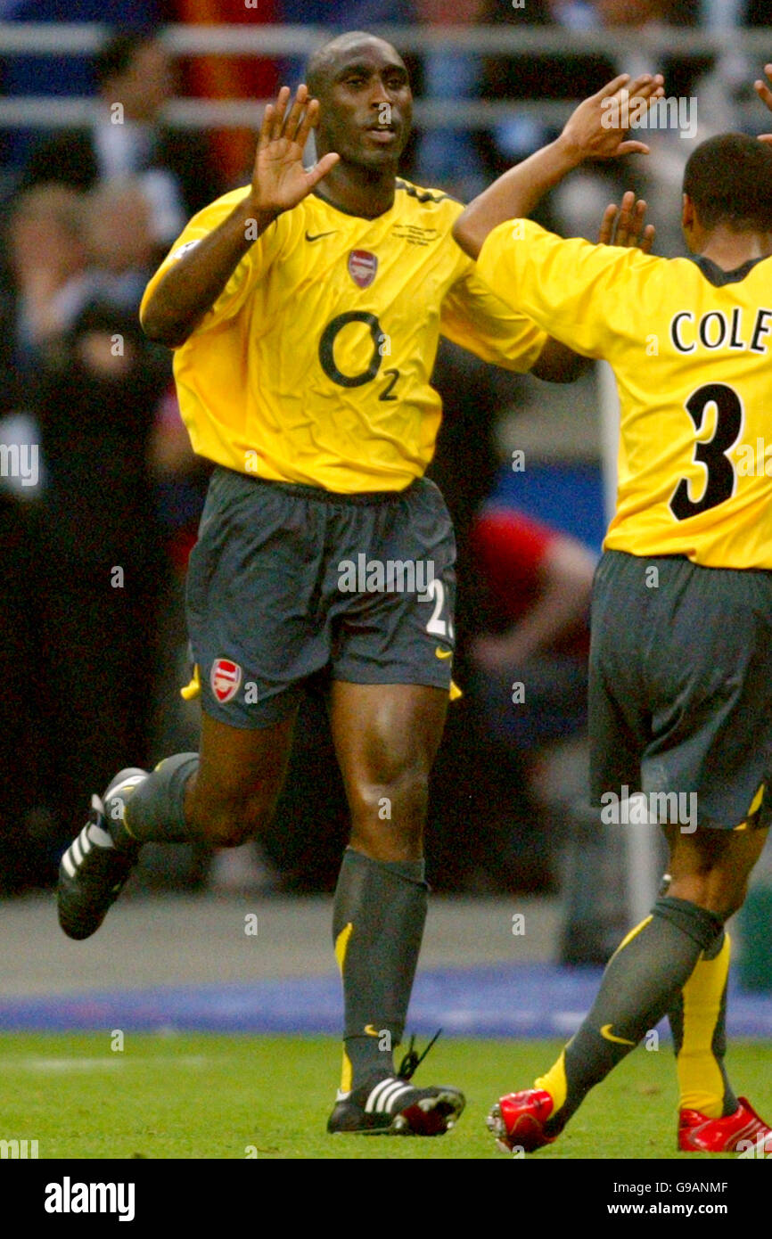 Arsenal's Sol Campbell celebrates scoring the opening goal of the game ...