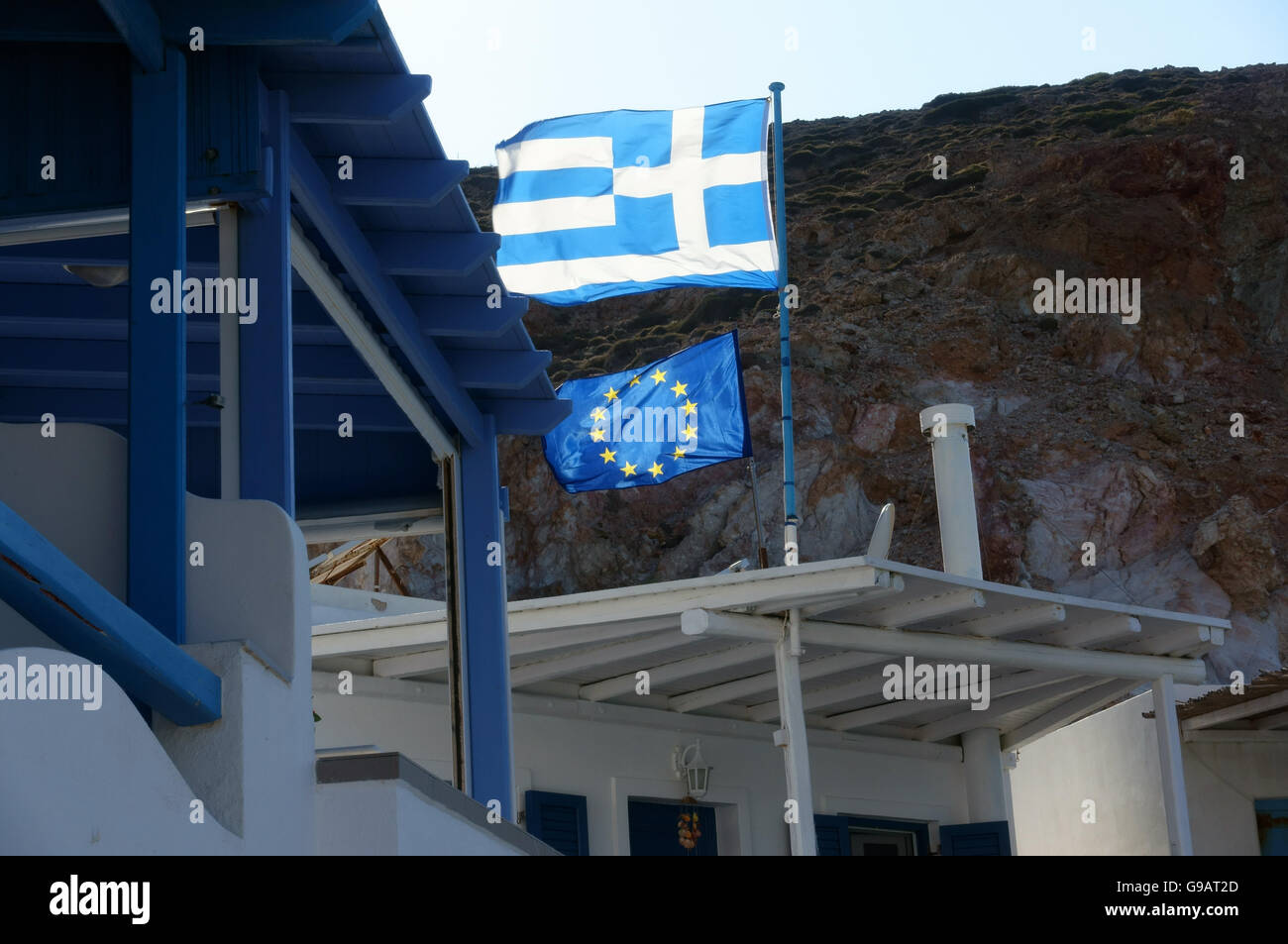 Greek and European community flags flying together Stock Photo - Alamy