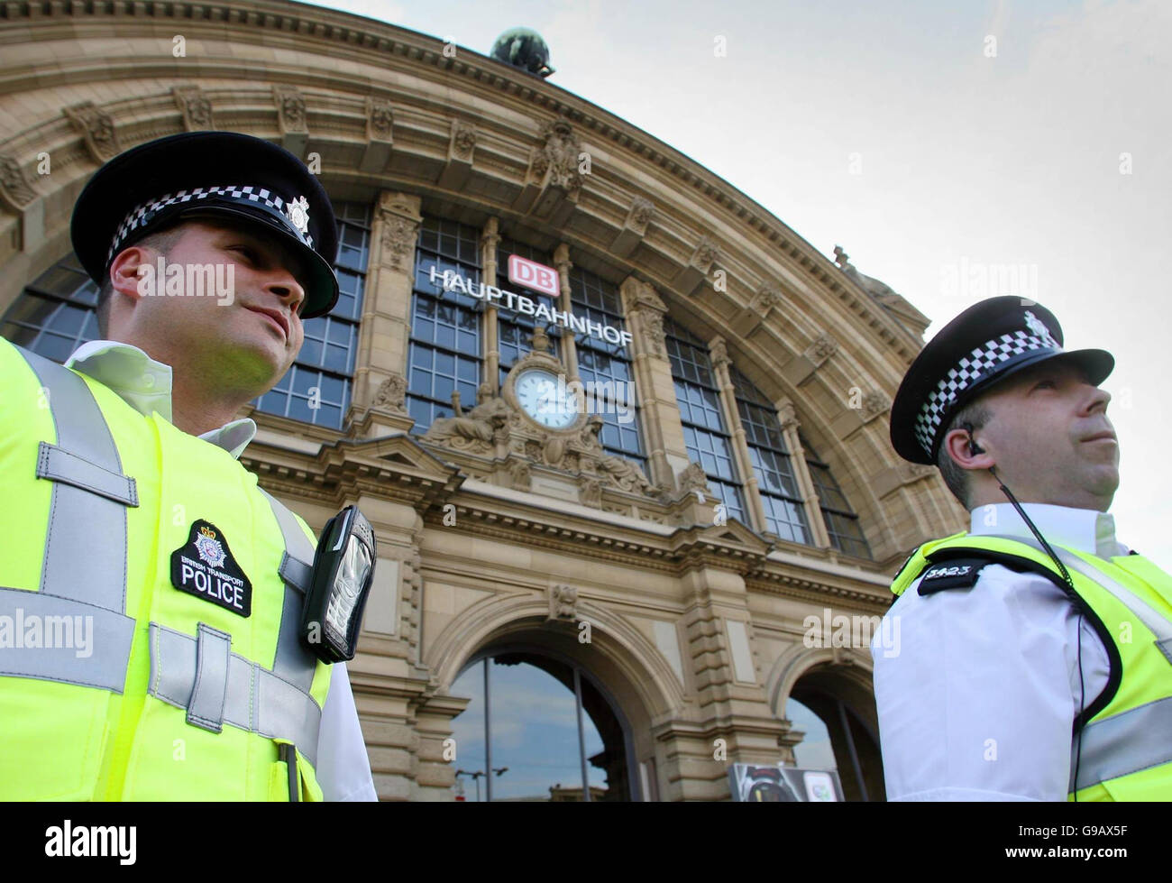 British transport police patrol outside the train station in frankfurt ...