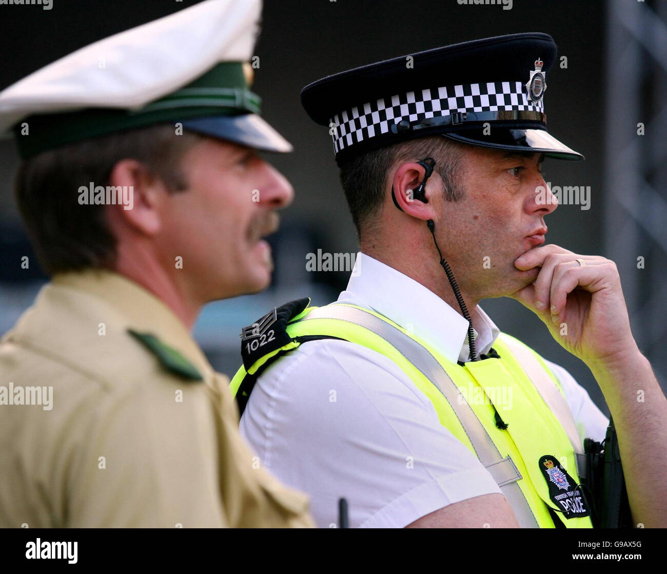 British transport police patrol outside the train station in frankfurt ...