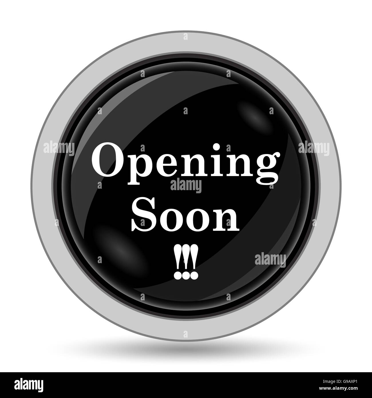 Opening soon icon. Internet button on white background Stock Photo - Alamy