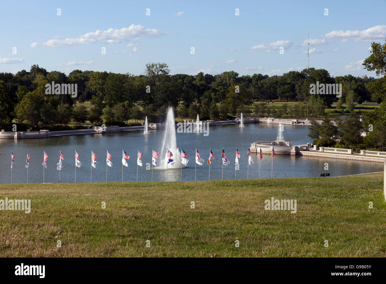 Grand Basin in St. Louis Forest Park. American flags up for 4th of ...