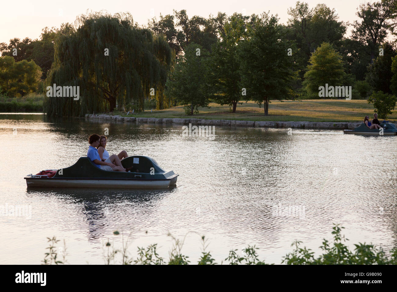 Young couples paddle boating on lake, in park at dusk Stock Photo - Alamy