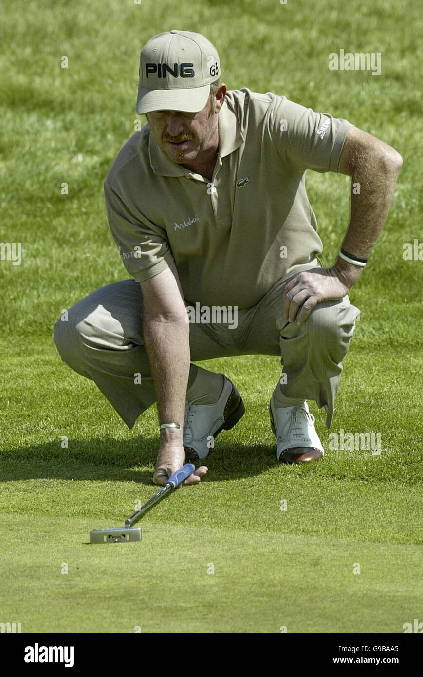GOLF Wales. Spain's Miguel Angel Jiminez lines up his put on the 7th ...