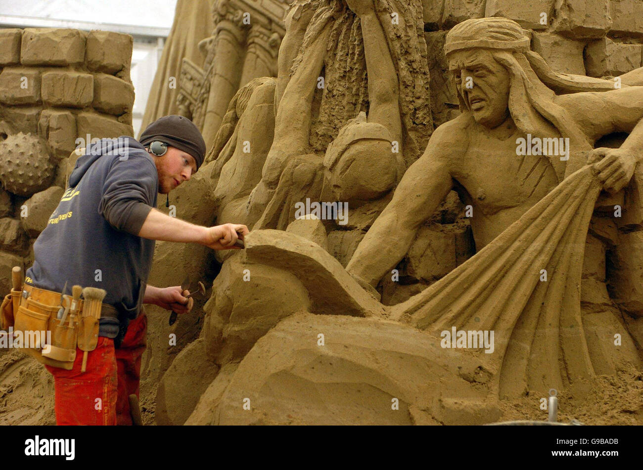 Jamie Wardley, from Bradford in West Yorkshire, works on a sand ...