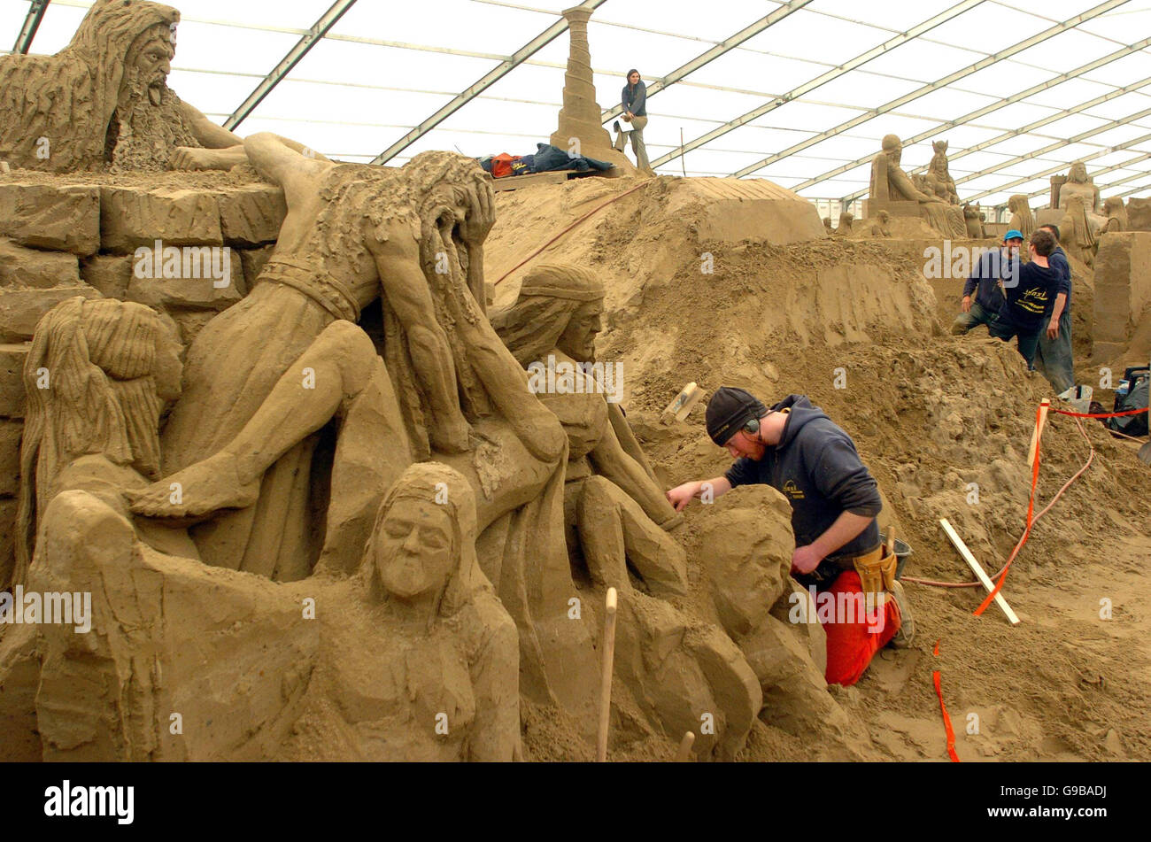 Jamie Wardley, from Bradford in West Yorkshire, works on a sand ...