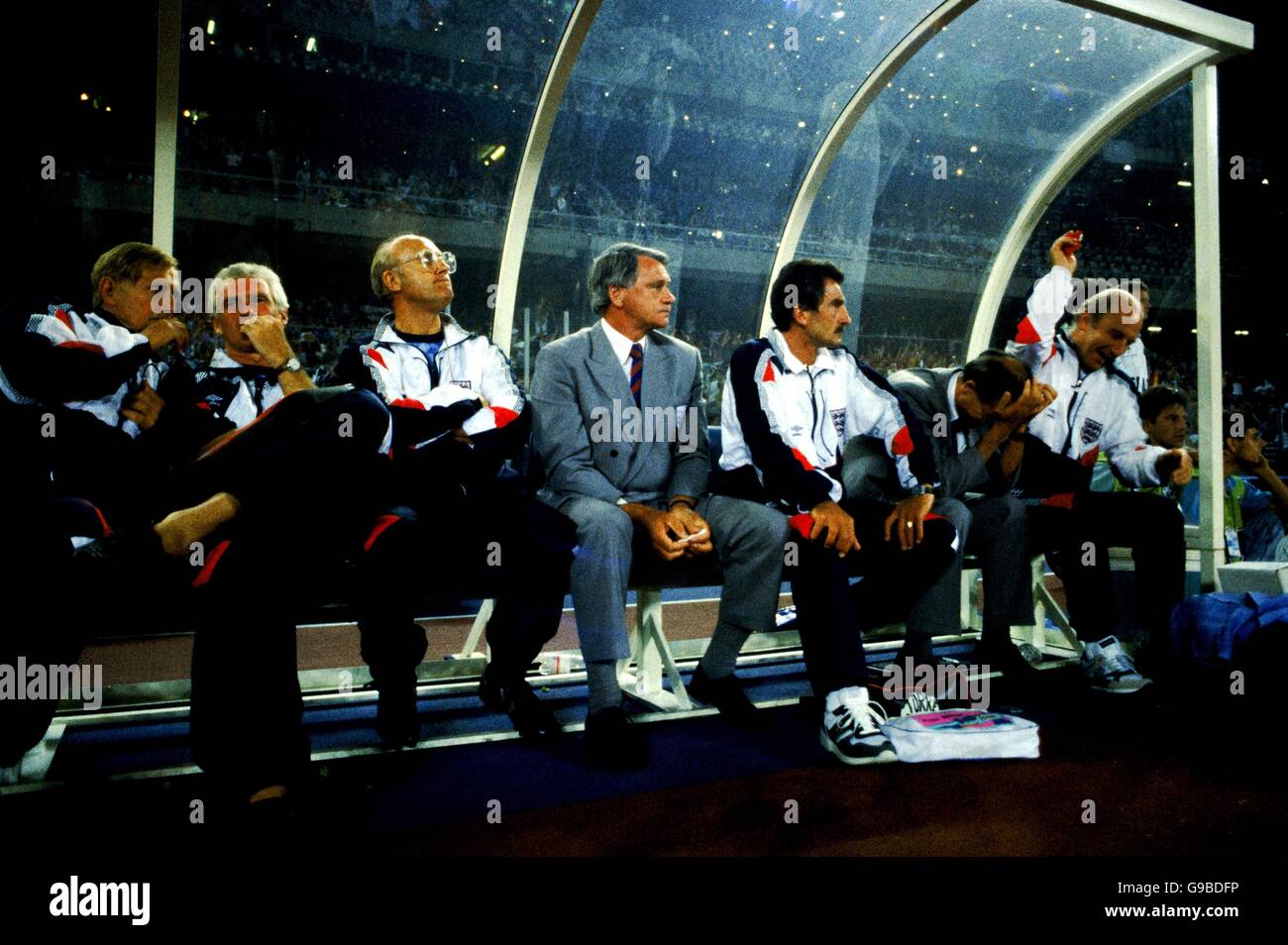 The England bench, including coach Don Howe (third left), manager Bobby ...