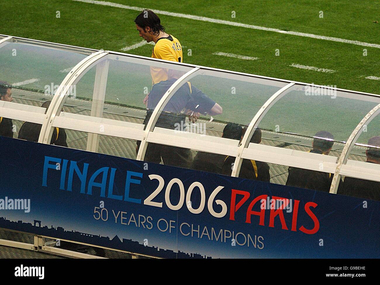 Arsenal's Robert Pires makes his way into the dugout after being ...