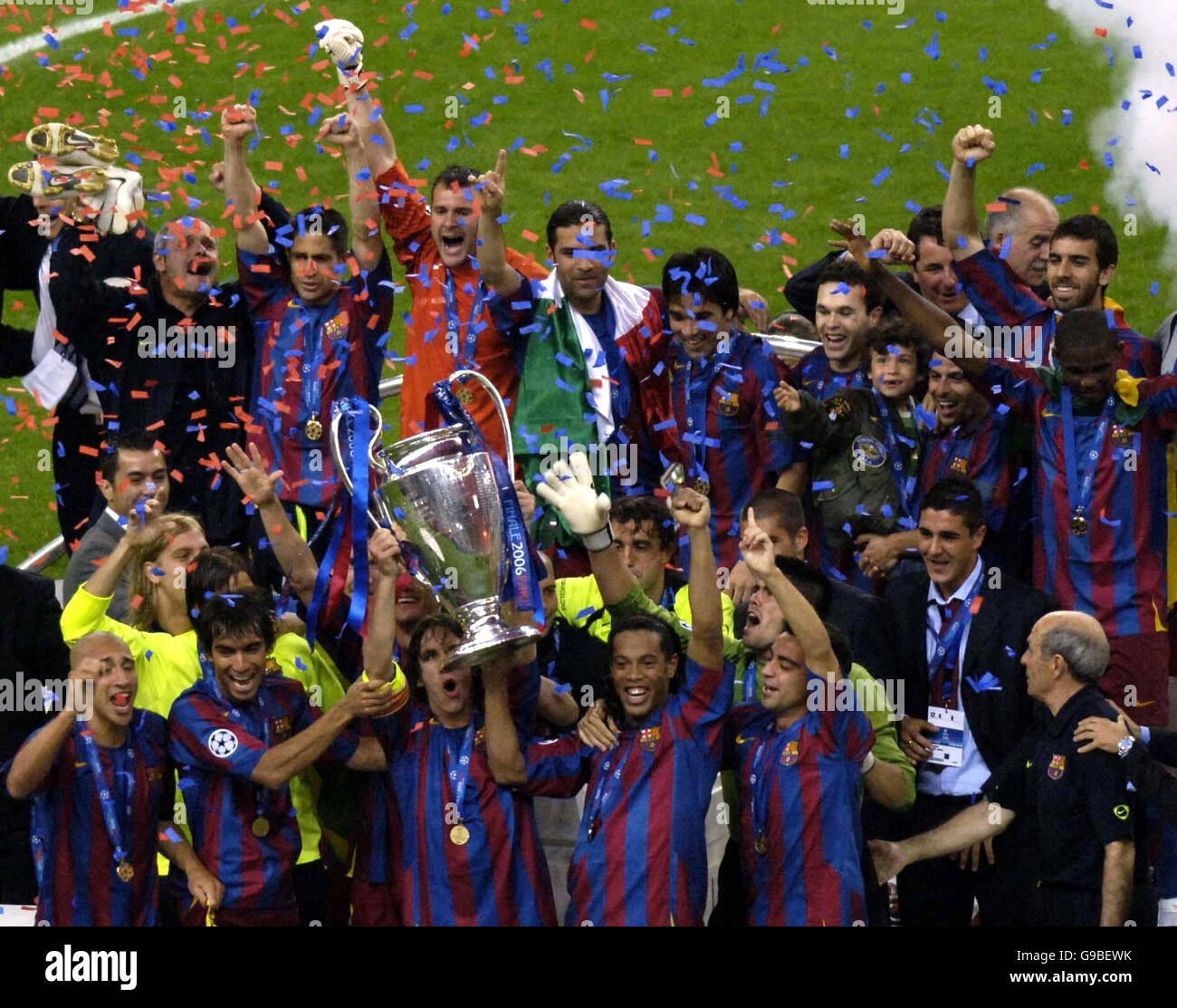 Barcelona players celebrate with the trophy after the UEFA Champions ...
