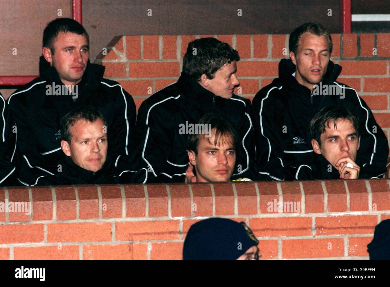 The Manchester United bench: (back row, l-r) Ronnie Wallwork, Ole ...