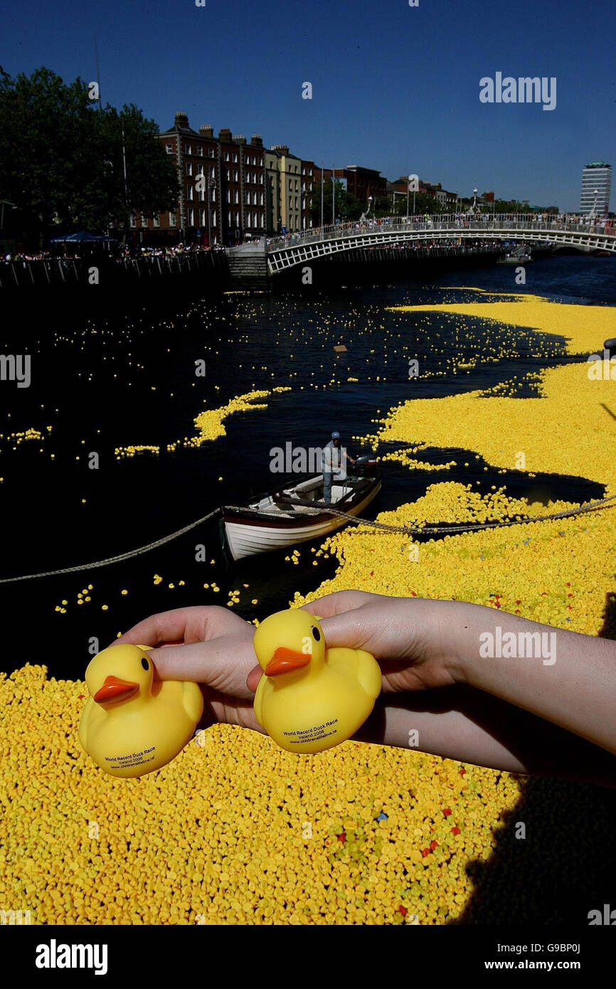 150,000 plastic ducks are launched at the Millennium Bridge in Dublin ...