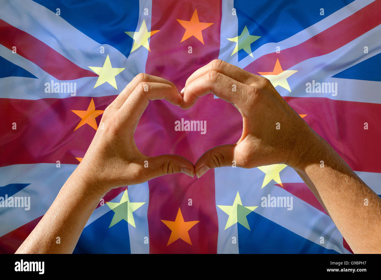 Hands heart symbol, exit Great Britain from European Union flags in ...