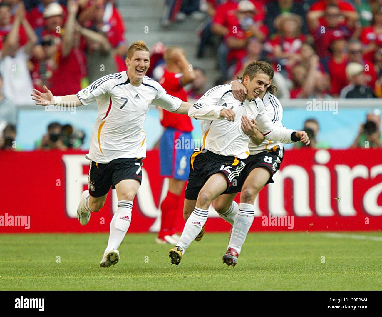 Germany's Philip Lahm celebrates scoring the opening goal of the game ...