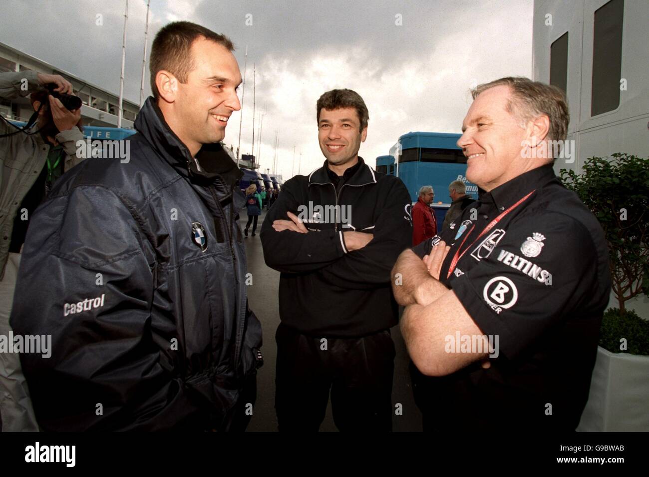 The Williams test driver (L) chats to Williams Chief Mechanic Patrick ...
