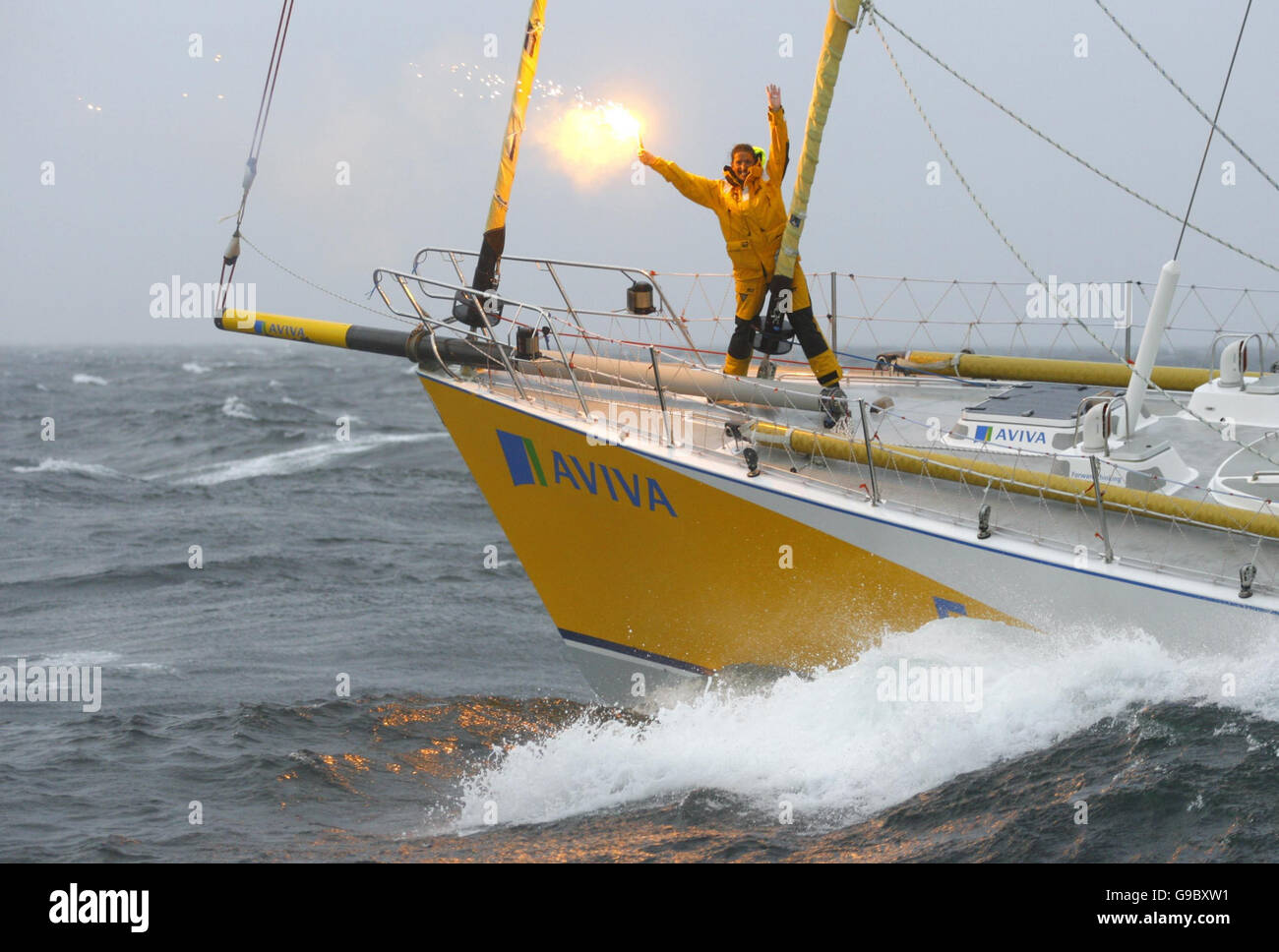 Dee Caffari crosses the finish line, aboard Aviva, near to The Lizard ...