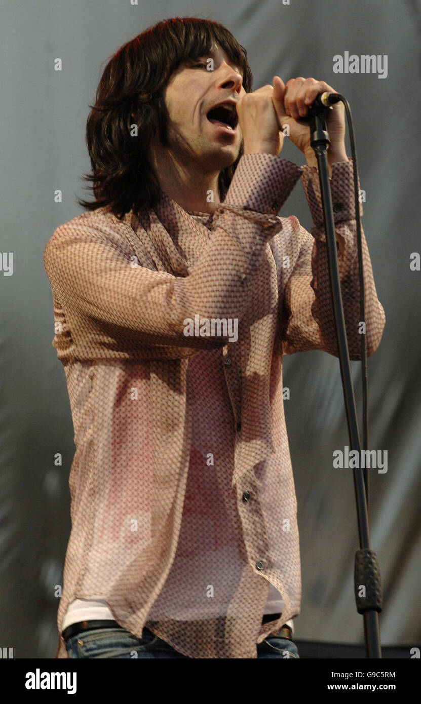 Bobby Gillespie from Primal Scream performs on stage at Seaclose Park ...