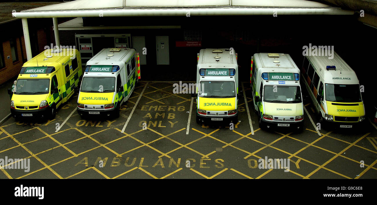 Generic stock picture of ambulances lined up in the ambulance bay ...