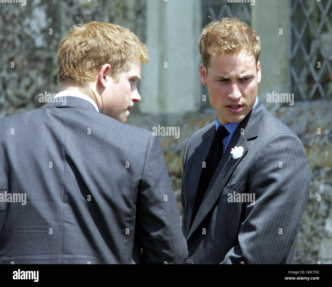Prince Harry (left) and Prince William leave the funeral of the Duchess ...