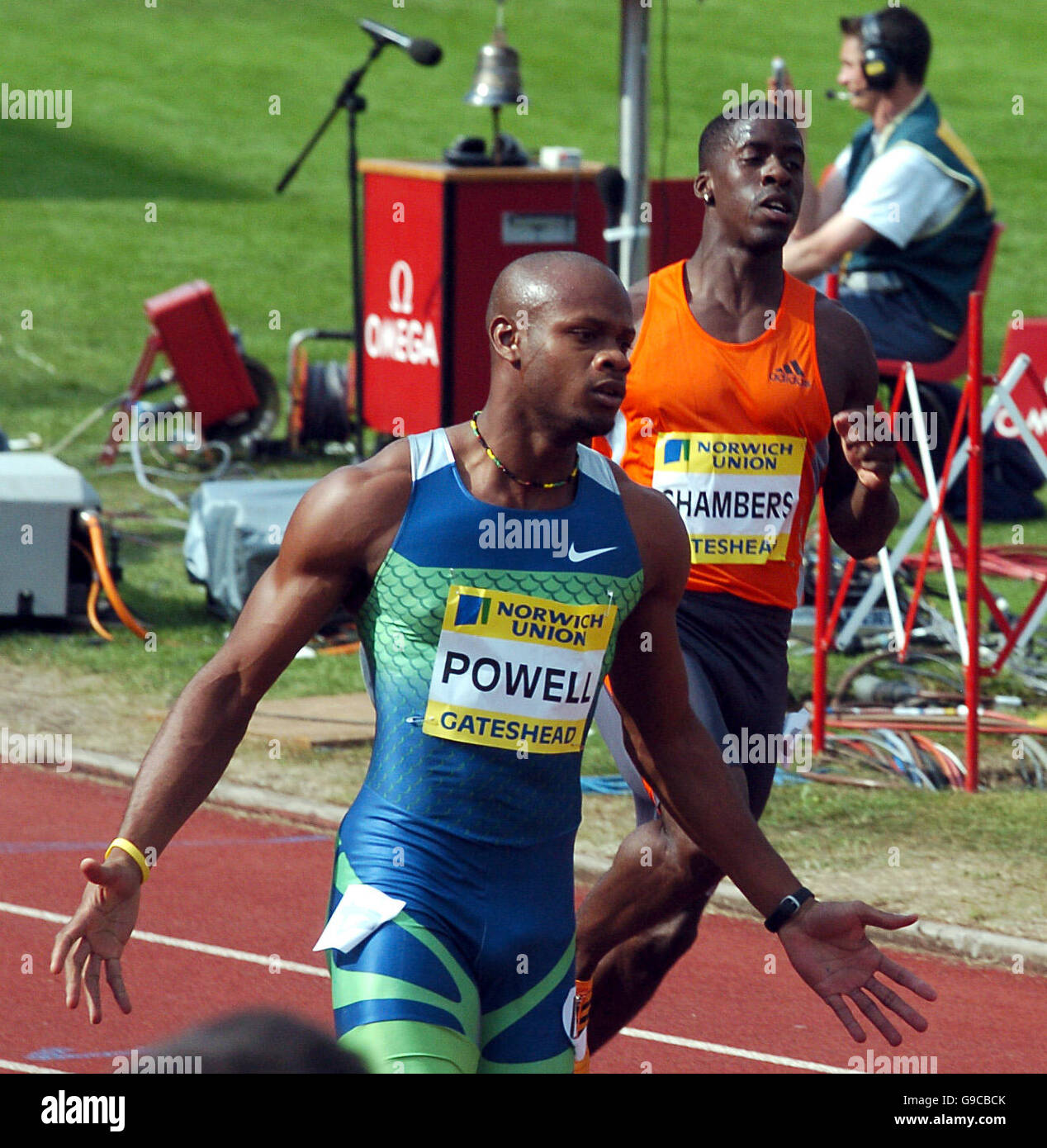 Jamaica's Asafa Powell celebrates winning the 100m race in a time of 9. ...