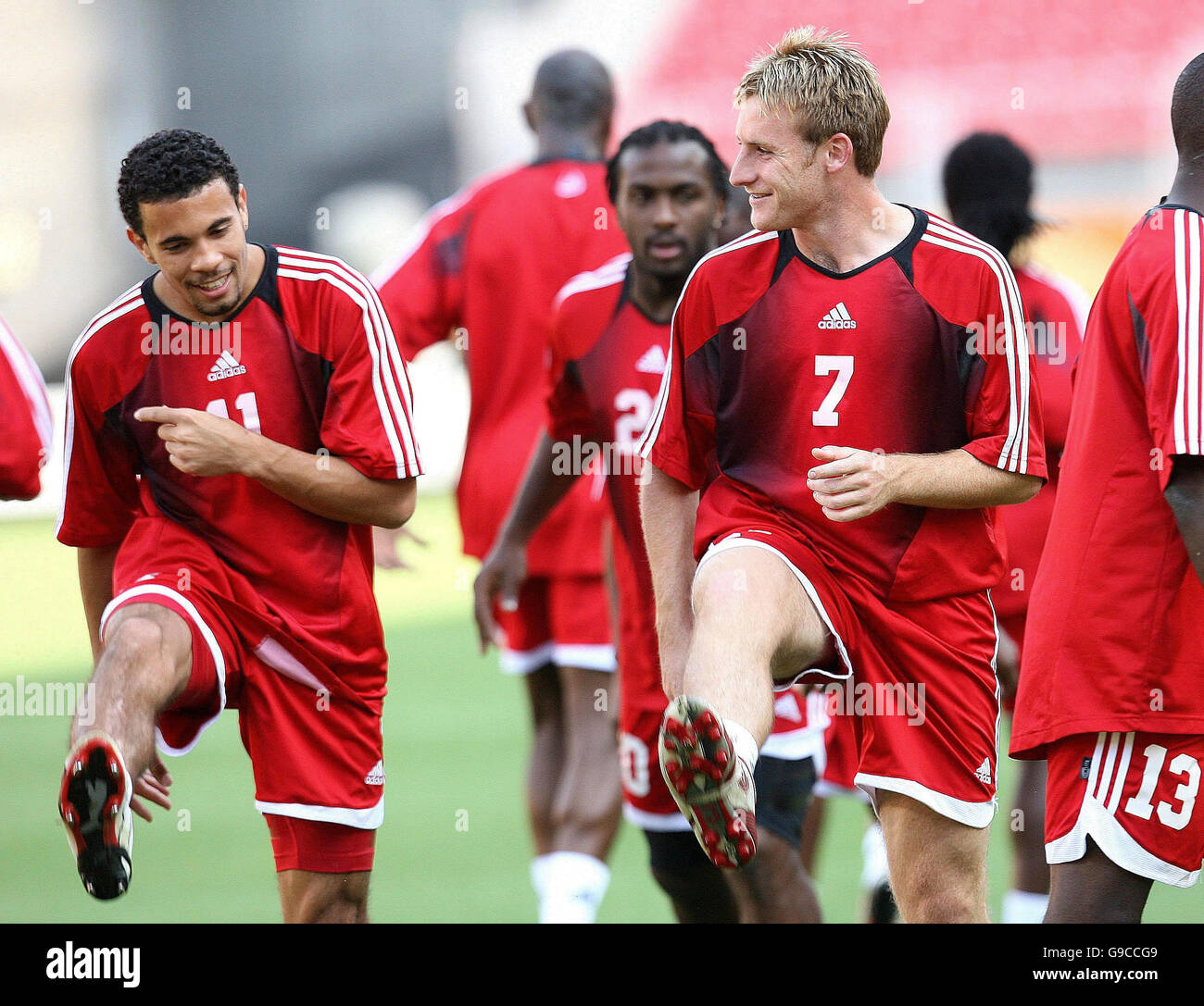 Trinidad and Tobago's Chris Birchall (R) and Carlos Edwards during a ...
