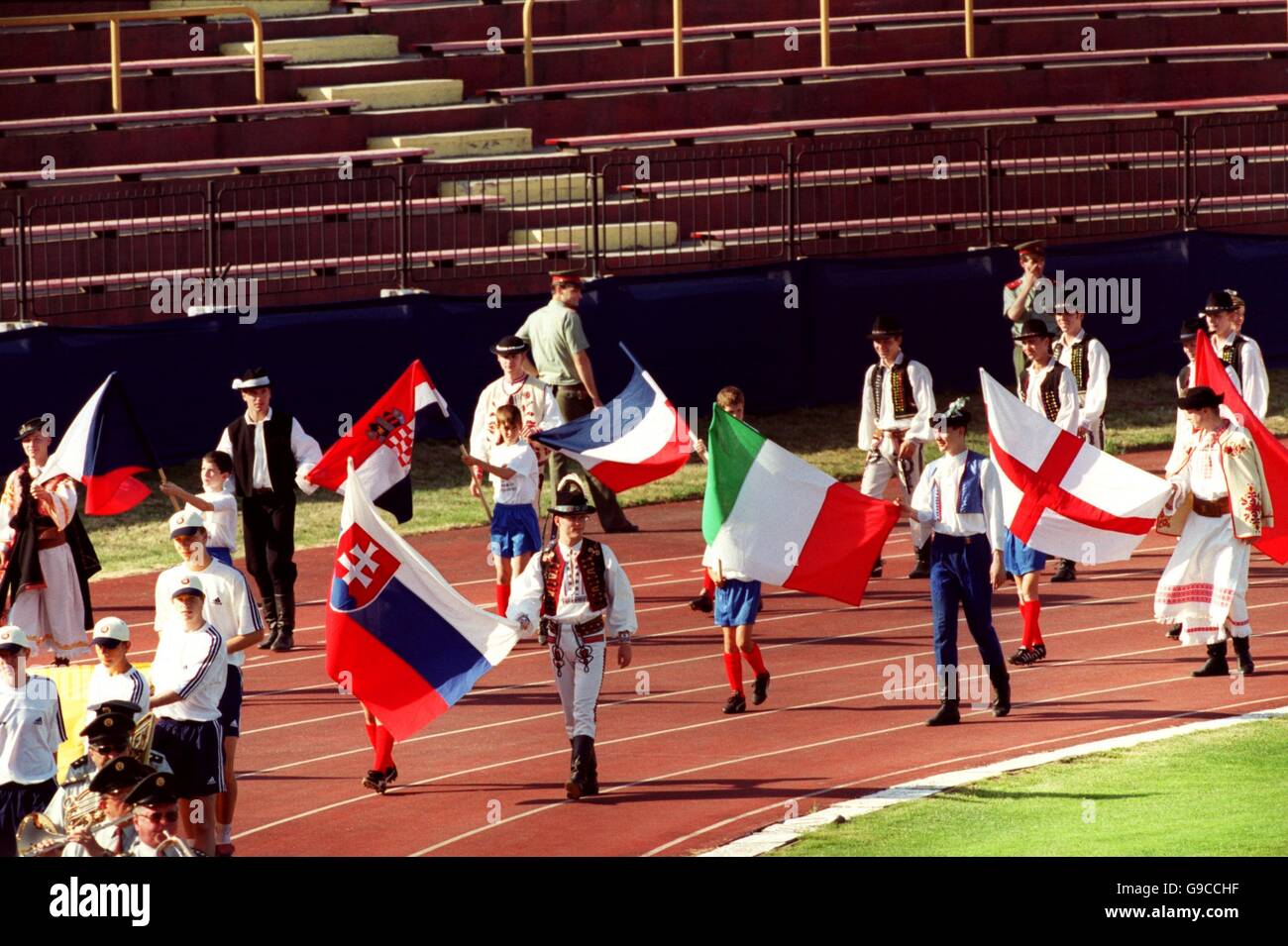 Flags from every competing nation are displayed at the opening ceremony ...
