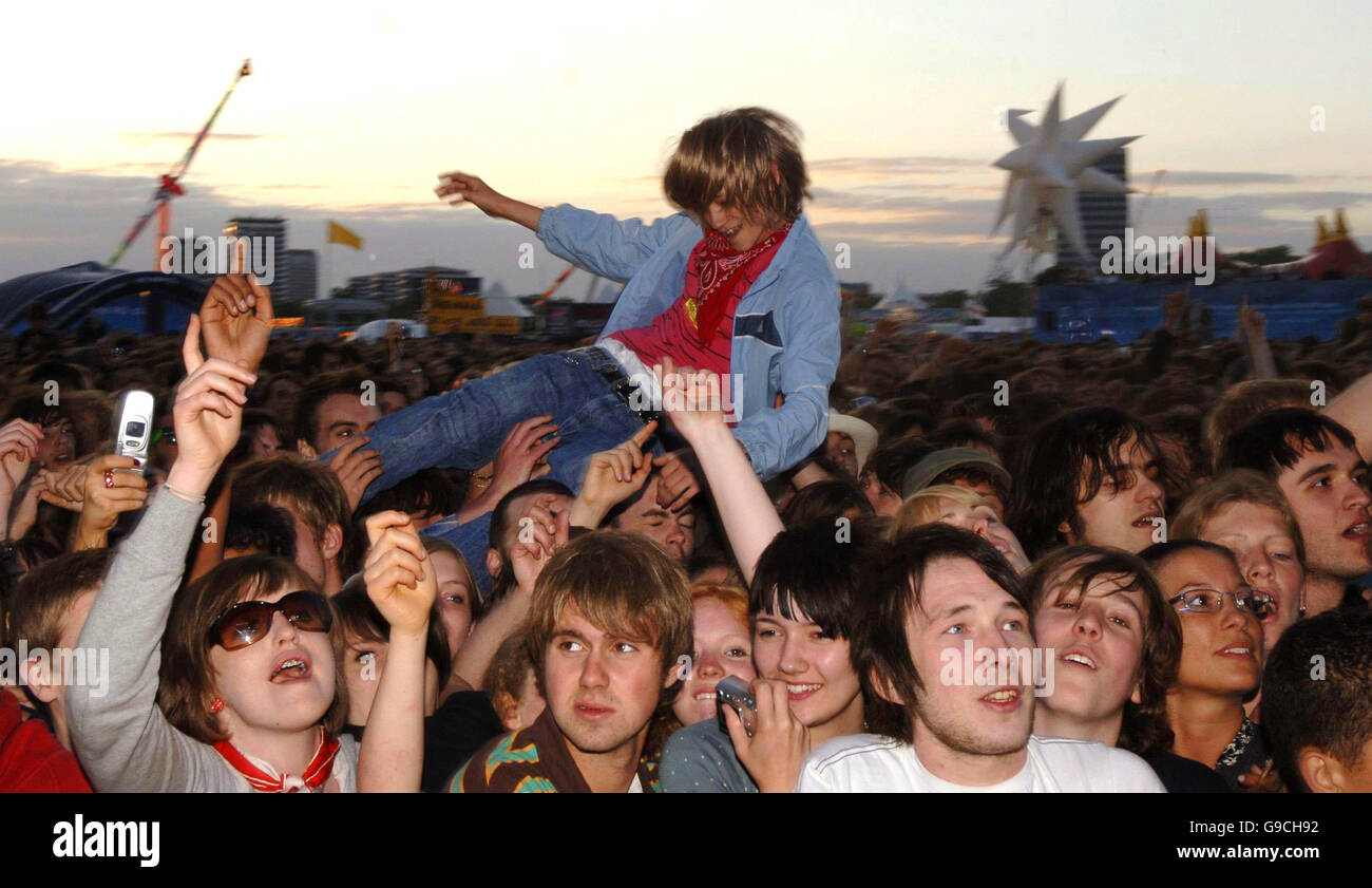 A crowd surfer at the O2 Wireless Festival 2006, at Hyde Park, central ...