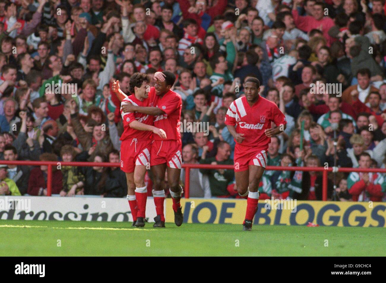 L-R: DEAN SAUNDERS, MARK WALTERS (SCORER) JOHN BARNES CELEBRATE ...